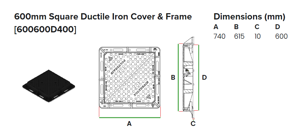 600mm x 600mm D400 Ductile Iron Cover & Frame | Drainage Shop