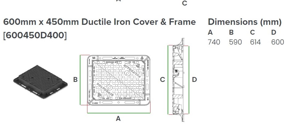 600mm x 450mm D400 Ductile Iron Cover & Frame